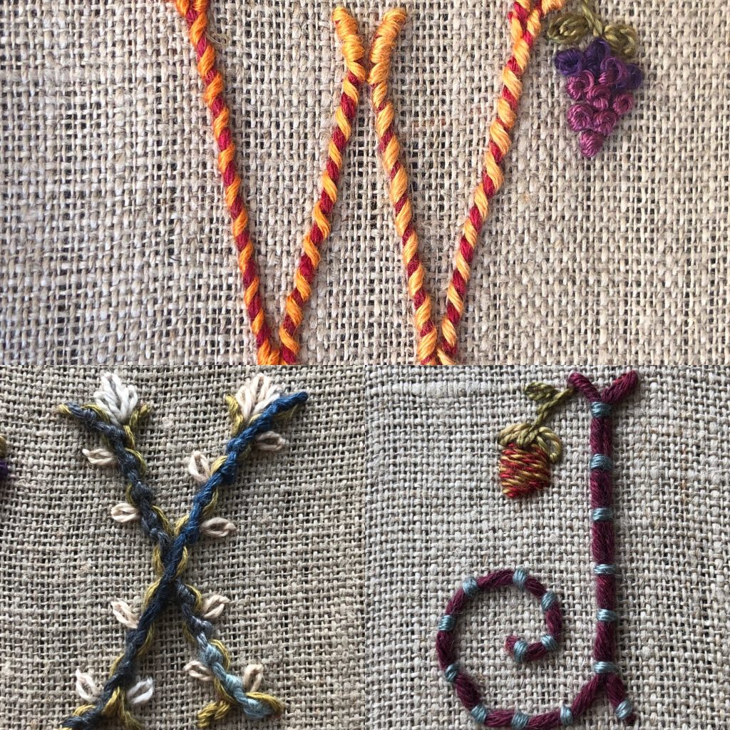 Letras bordadas a mano J W X del abecedario bordado